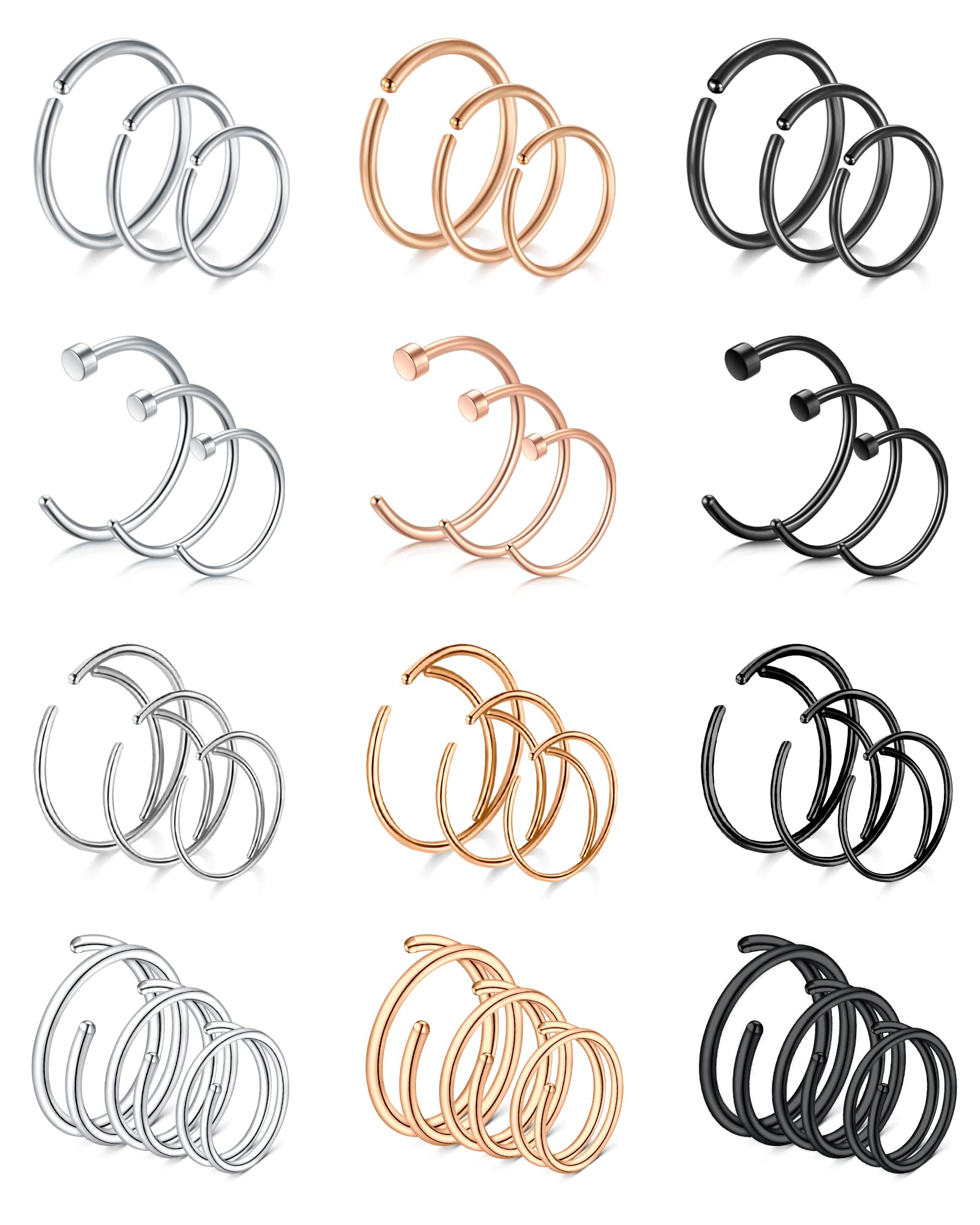 FECTAS Nose Rings Hoop Double Circle Nose Ring Surgical Steel 20g Gauge 8mm 10mm 12mm Nostril Piercing Hoops Jewelry 12PCS