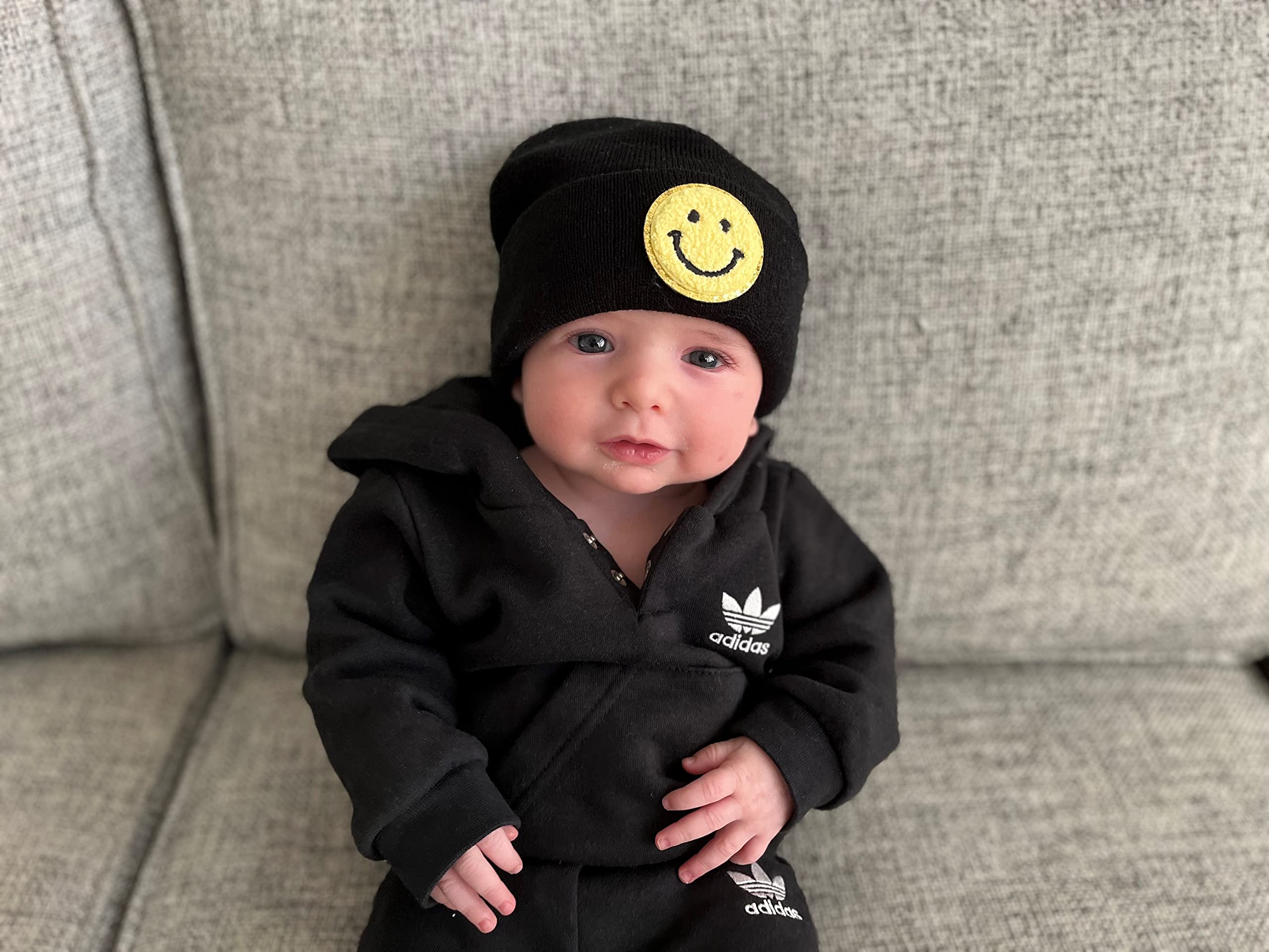 Funky Junque Classic Knit Winter Hat w/Patch: Baby - White (Yellow Smiley)