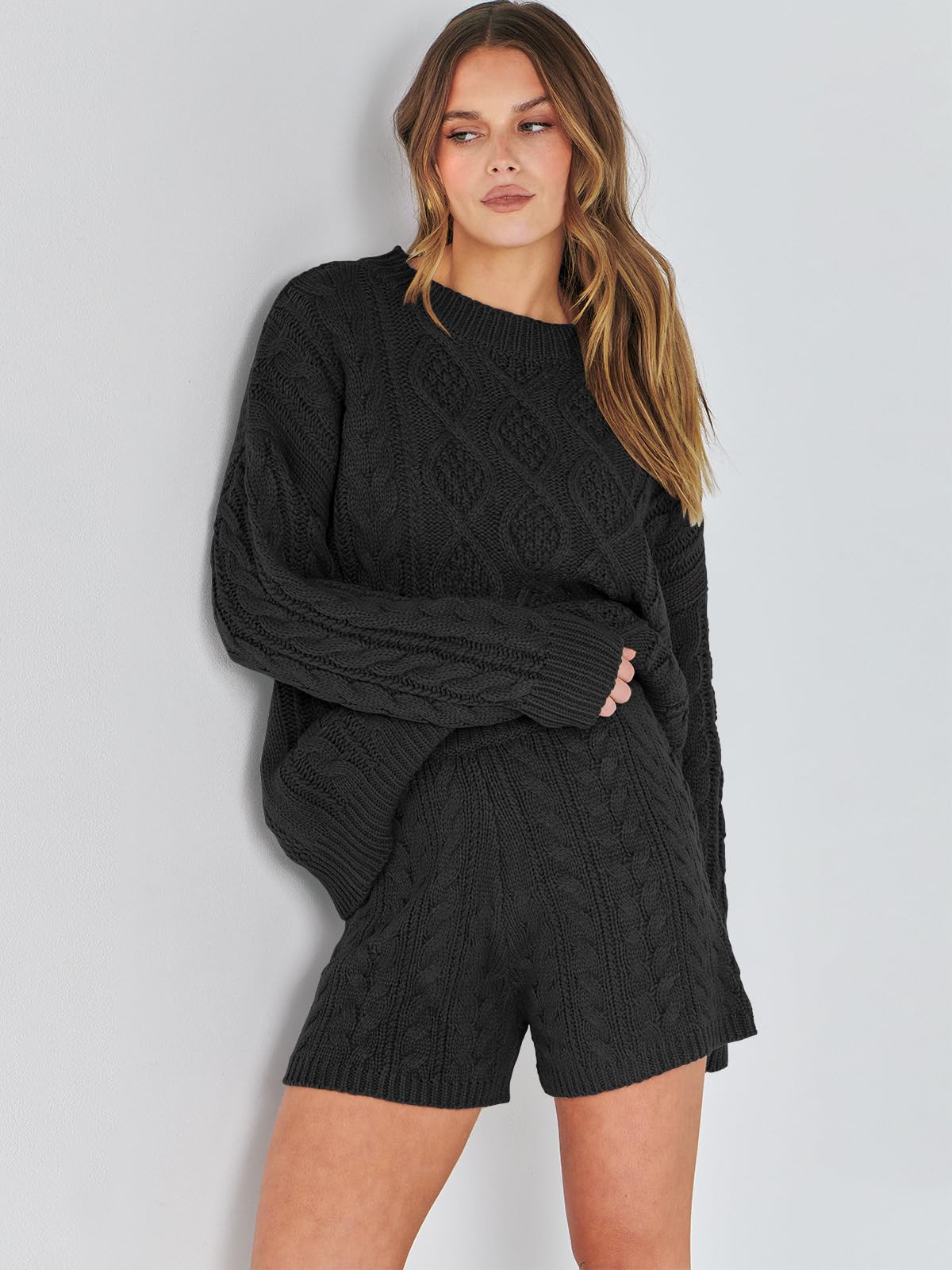 ANRABESS Women 2 Piece Outfits Sweater Lounge Loungewear Sets Fall Cable Knit Oversized Sweaters Short Pants Matching Sets Black Small