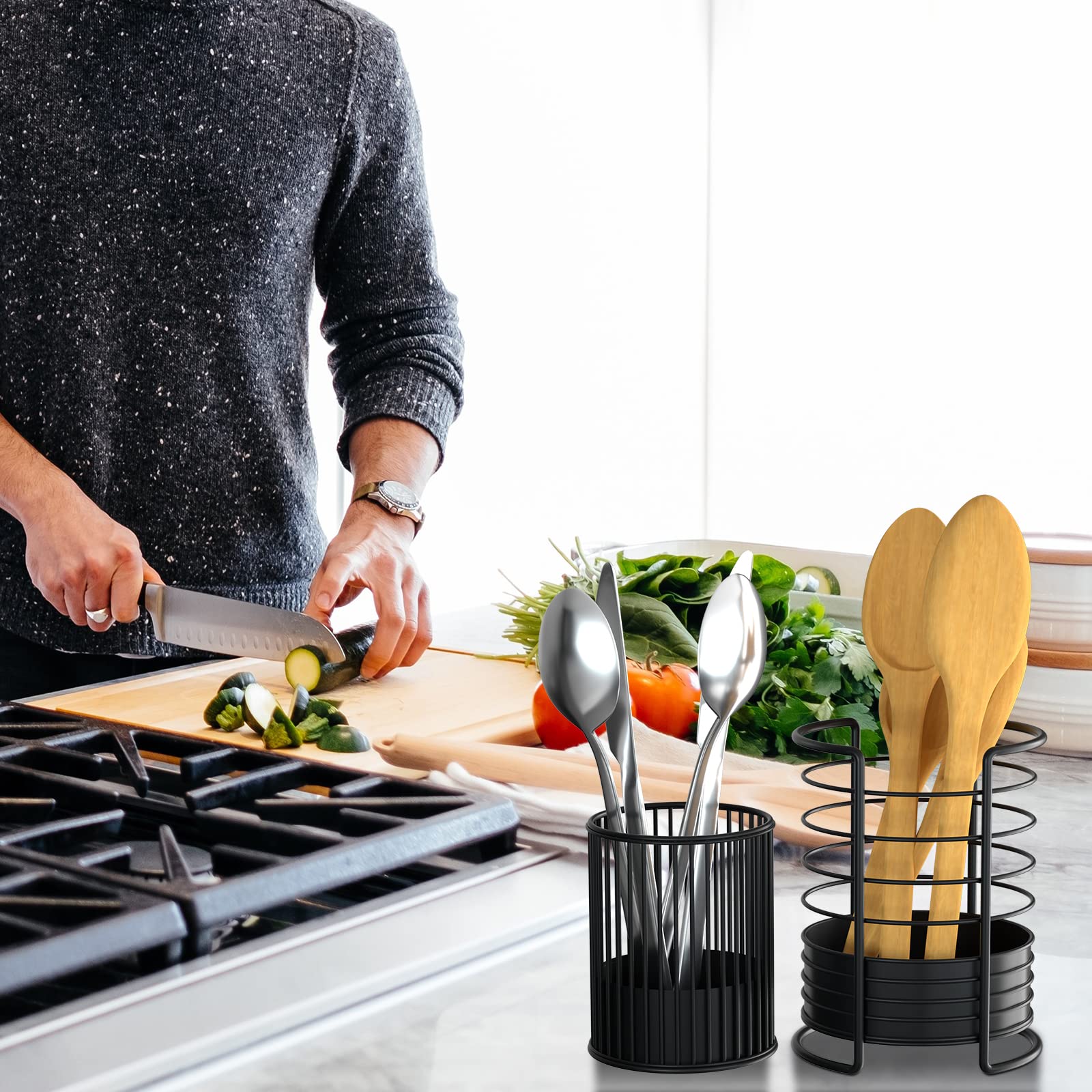 DIWOJIN 2 Pcs Round Kitchen Utensil Holder Silverware Organizer, Silverware Holder for Countertop, Counter Caddy for Spatulas, Cultery, Forks and Spoons (Utensils Not Included)