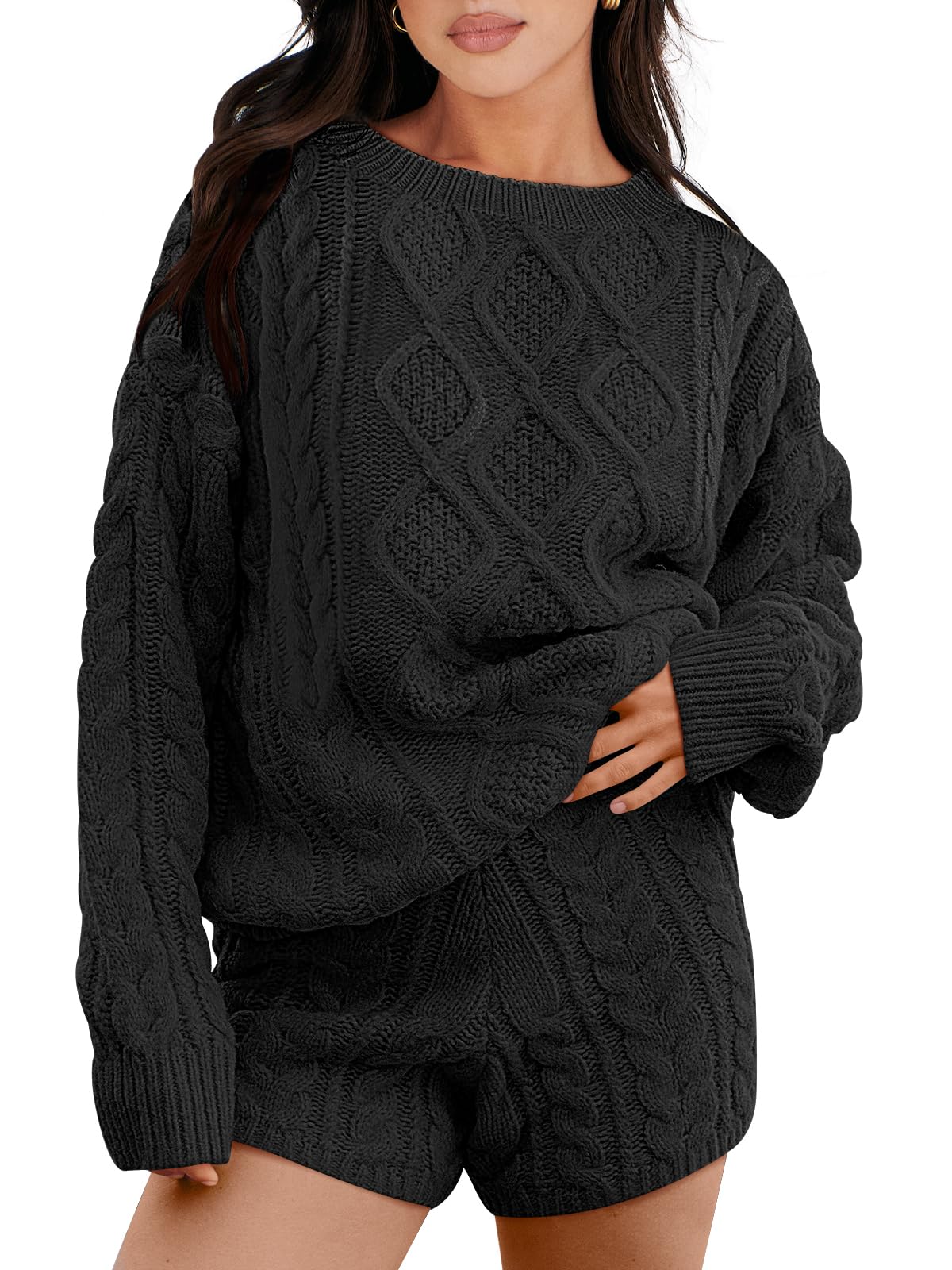 ANRABESS Women 2 Piece Outfits Sweater Lounge Loungewear Sets Fall Cable Knit Oversized Sweaters Short Pants Matching Sets Black Small