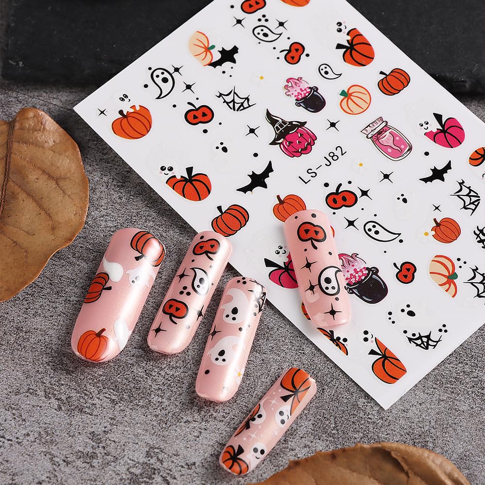 JMEOWIO 9 Sheets Halloween Nail Art Stickers Decals Self-Adhesive Pegatinas Uñas Horror Ghost Witchy Spider Web Bat Cat Pumpkin Spook Nail Supplies Nail Art Design Decoration Accessories