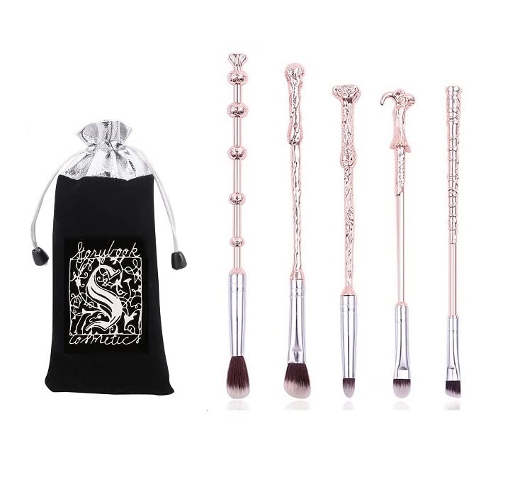 5 Pcs Makeup Brushes,For Wizard Wand Set Kit,in a Gift Bag, Perfect for Eyebrows, Eyeshadow Palette, Foundation, and Powder use (Rose Gold)