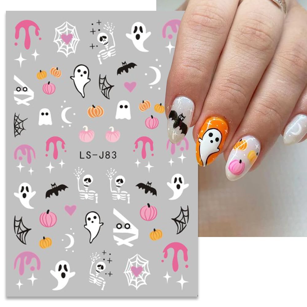 JMEOWIO 9 Sheets Halloween Nail Art Stickers Decals Self-Adhesive Pegatinas Uñas Horror Ghost Witchy Spider Web Bat Cat Pumpkin Spook Nail Supplies Nail Art Design Decoration Accessories