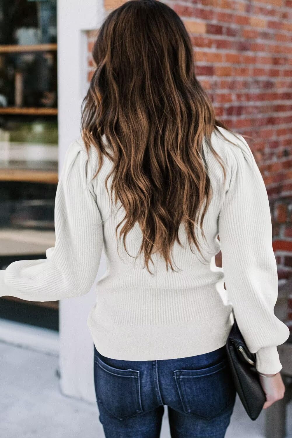 Dokotoo Women's Crewneck Puff Long Sleeve Ribbed Knit Sweater Casual Loose Solid Stretchy Pullover Jumper Tops Lightweight Sweaters for Women White Small