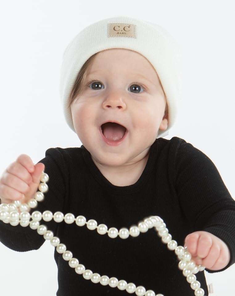 Funky Junque Classic Knit Winter Hat w/Patch: Baby - White (Yellow Smiley)