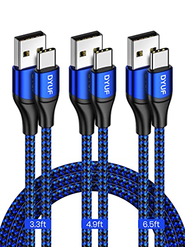 DYUF USB Type C Cable, [3PCS 3.2ft 4.9ft 6.5ft] 3A Fast Charger Cord, Premium Durable Blue Braided USB Cable, Compatible with Samsung Galaxy A50 A51 A71, S20 Plus S10E, Moto G7,etc