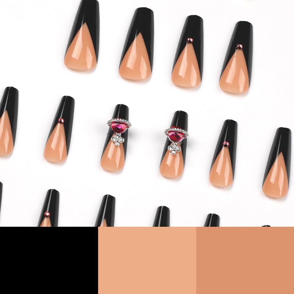 24Pcs Long Press on Nails Black Square Fake Nails French Tip 3D Metal Planet Glue on Nails wiht Rhinestones Acrylic Nails Black Tips Nude False Nails for Women Manicure Decorations