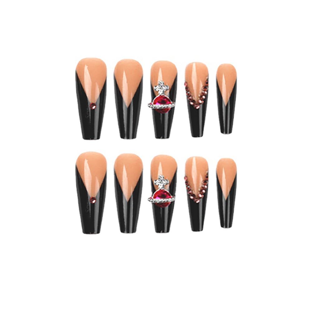 24Pcs Long Press on Nails Black Square Fake Nails French Tip 3D Metal Planet Glue on Nails wiht Rhinestones Acrylic Nails Black Tips Nude False Nails for Women Manicure Decorations