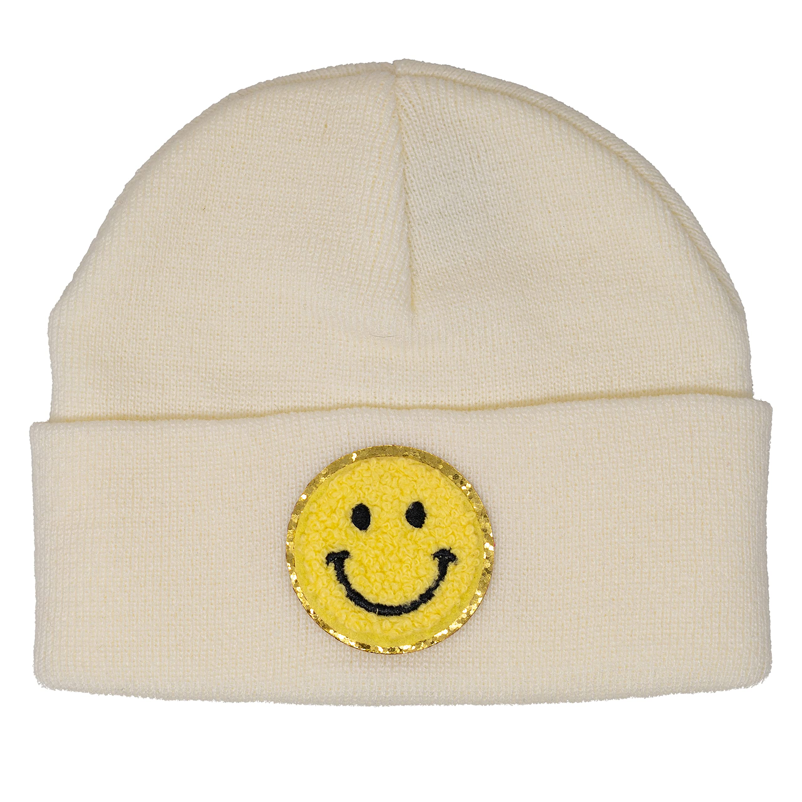 Funky Junque Classic Knit Winter Hat w/Patch: Baby - White (Yellow Smiley)