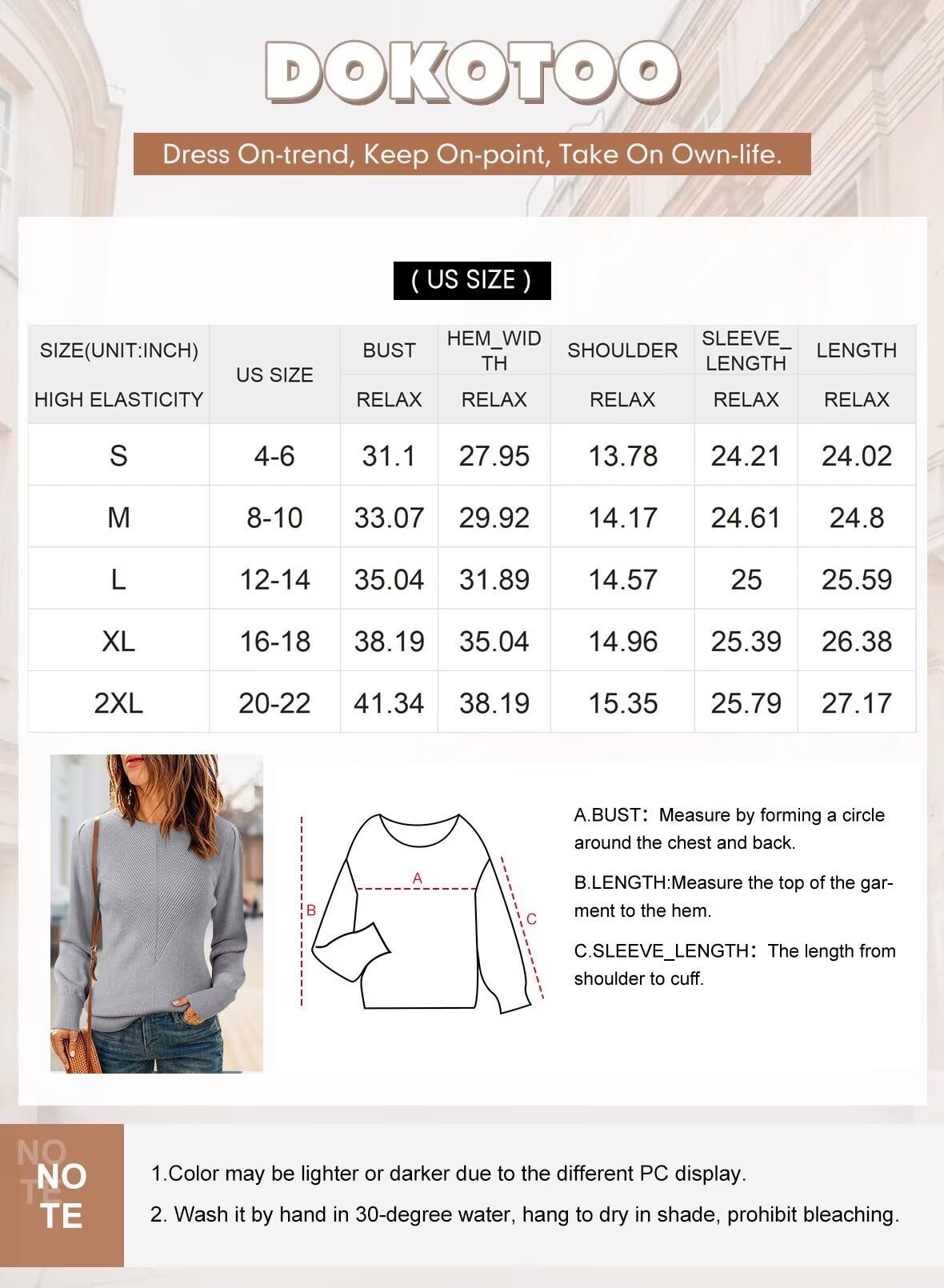 Dokotoo Women's Crewneck Puff Long Sleeve Ribbed Knit Sweater Casual Loose Solid Stretchy Pullover Jumper Tops Lightweight Sweaters for Women White Small