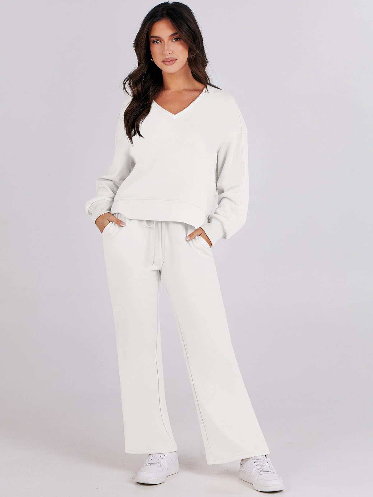 ANRABESS Women’s Two Piece Outfits Matching Sets Long Sleeve V Neck Pullover Top and Wide Leg Pants 2023 Fall Tracksuit Lounge Sets A804baise-S, White