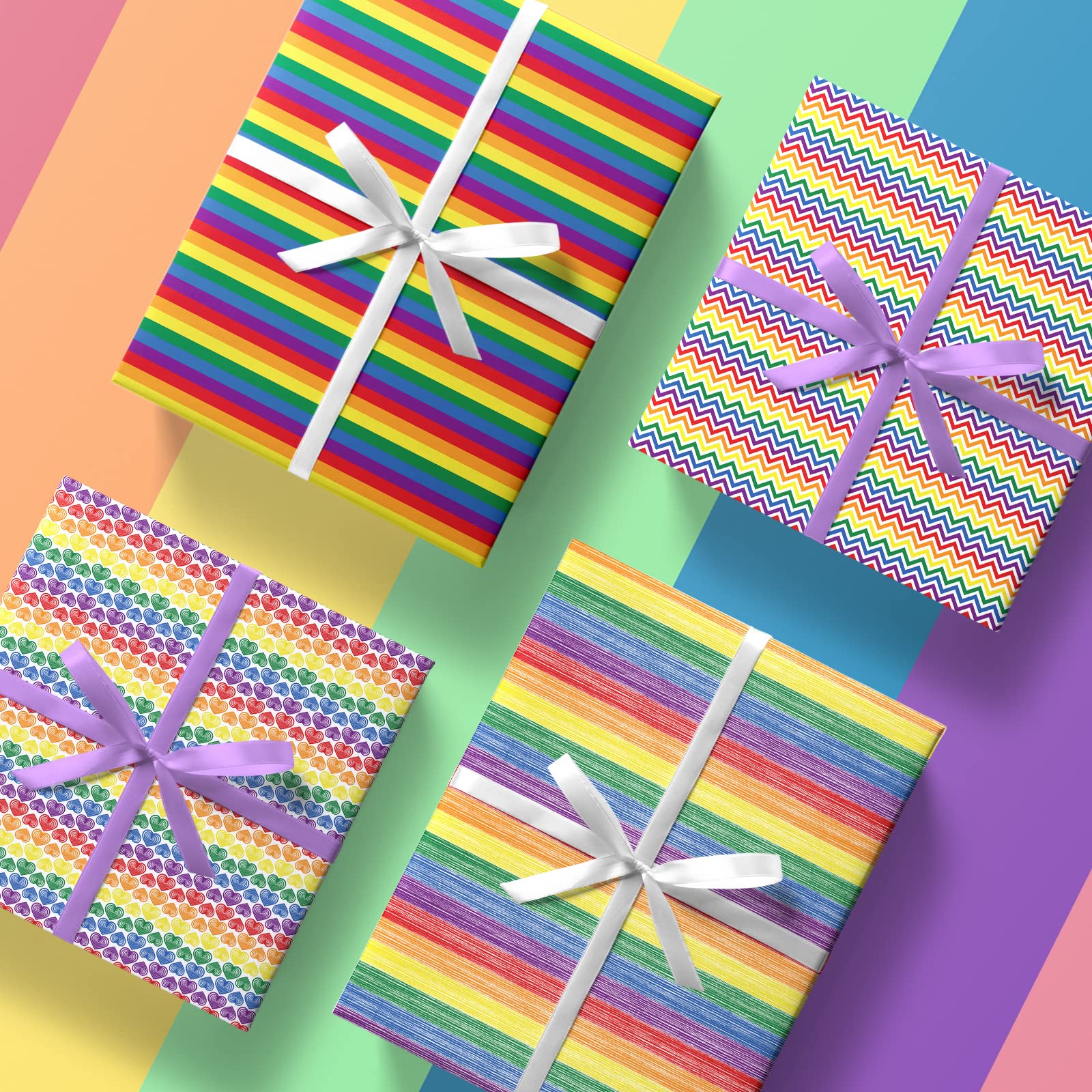 LDGOOAEL Flat Wrapping Paper Sheets -12 Sheets with 4 rainbow Paterns, Gift Wrapping Paper for Holiday, Birthday, LGBT - Pre cut & Folded(19.6" x 27.5“ Per Sheet)