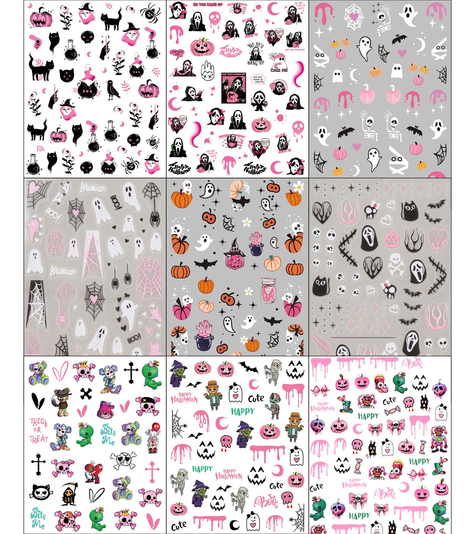 JMEOWIO 9 Sheets Pink Halloween Nail Art Stickers Decals Self-Adhesive Pegatinas Uñas Skull Cute Horror Ghost Witchy Spider Web Bat Pumpkin Nail Supplies Nail Art Design Decoration Accessories