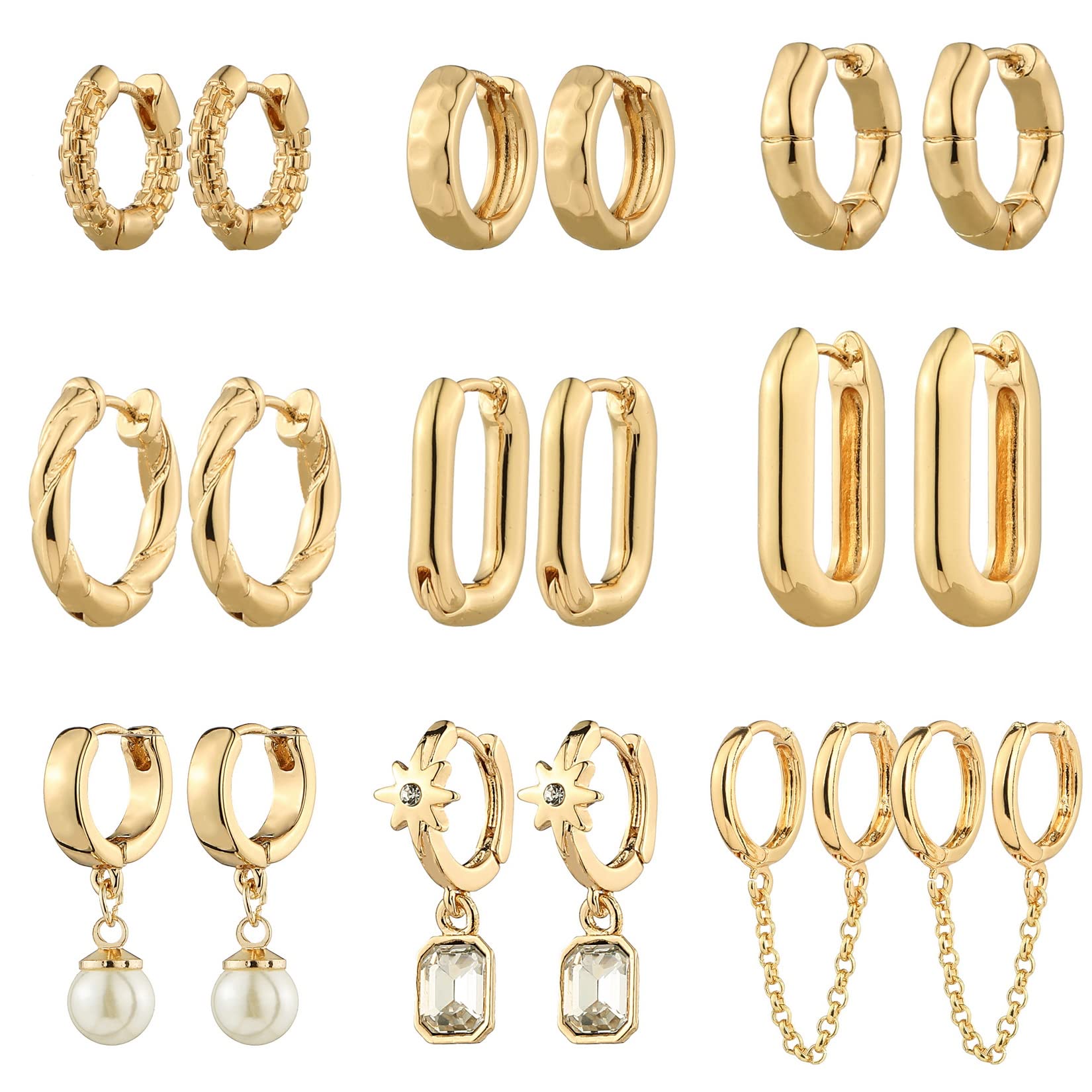9 Pairs Gold Chunky Hoop Earrings Set for Women, 14K Plated Twisted Huggie Earring Hypoallergenic, Lightweight Thick Open Hoops Jewelry Gifts. (B-9 Earrings)