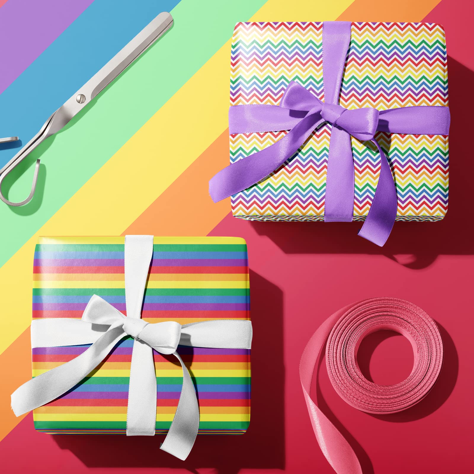 LDGOOAEL Flat Wrapping Paper Sheets -12 Sheets with 4 rainbow Paterns, Gift Wrapping Paper for Holiday, Birthday, LGBT - Pre cut & Folded(19.6" x 27.5“ Per Sheet)