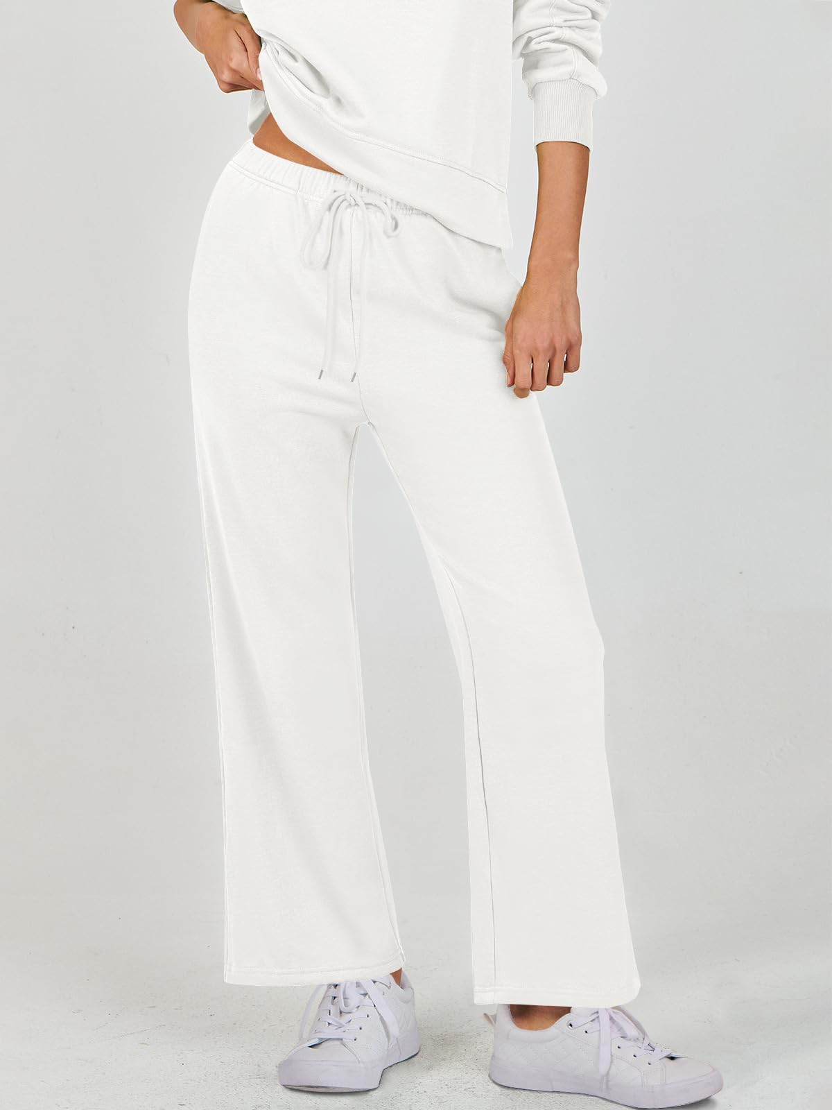 ANRABESS Women’s Two Piece Outfits Matching Sets Long Sleeve V Neck Pullover Top and Wide Leg Pants 2023 Fall Tracksuit Lounge Sets A804baise-S, White