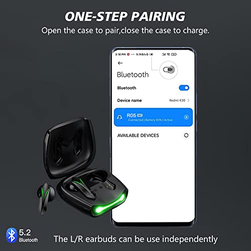 Gaming Wireless Earbuds,3D Touch Bluetooth 5.2 in-Ear Game Earphones with Microphone 40ms Low Latency IPX7 Waterproof,with Breathing Light,360°Stereo Sound & Deep Bass Bluetooth Gaming Earbuds