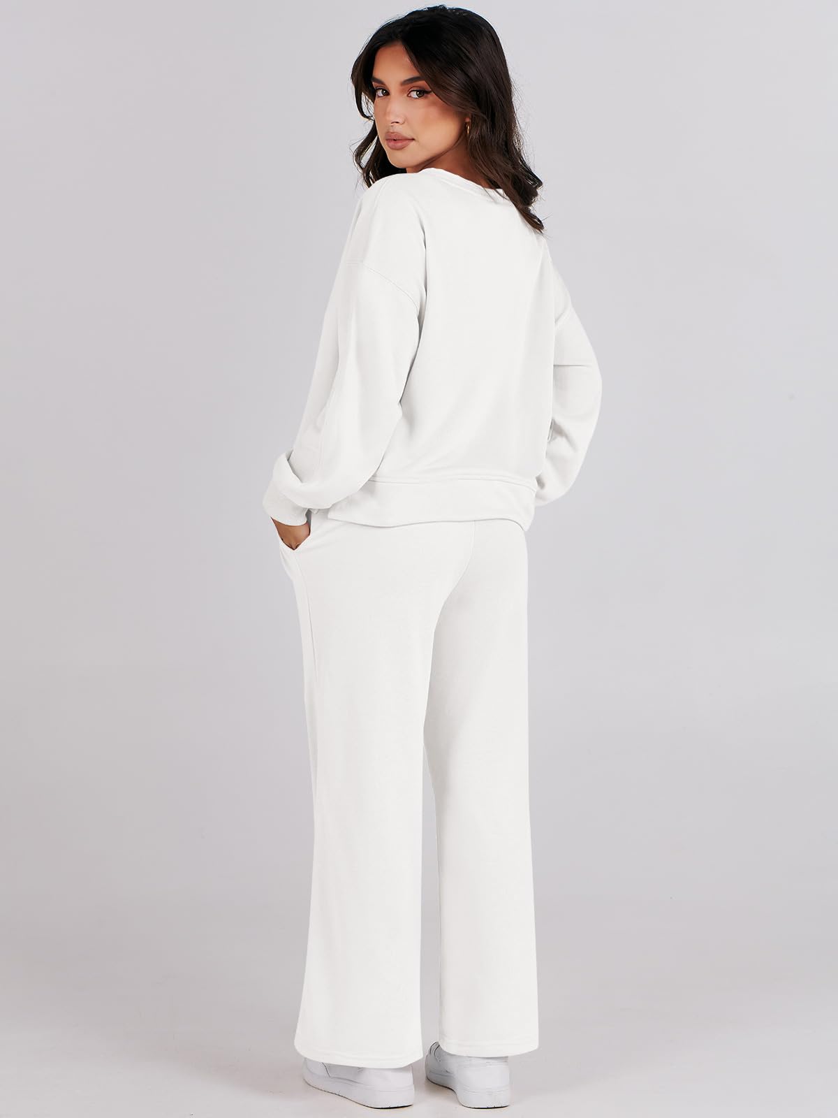 ANRABESS Women’s Two Piece Outfits Matching Sets Long Sleeve V Neck Pullover Top and Wide Leg Pants 2023 Fall Tracksuit Lounge Sets A804baise-S, White
