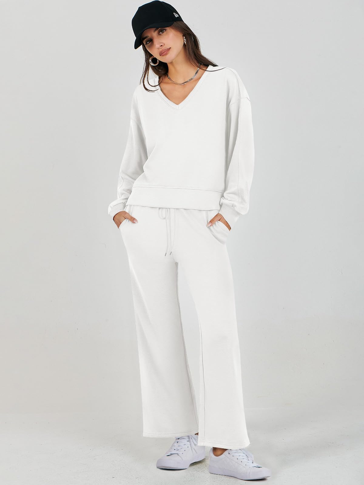 ANRABESS Women’s Two Piece Outfits Matching Sets Long Sleeve V Neck Pullover Top and Wide Leg Pants 2023 Fall Tracksuit Lounge Sets A804baise-S, White