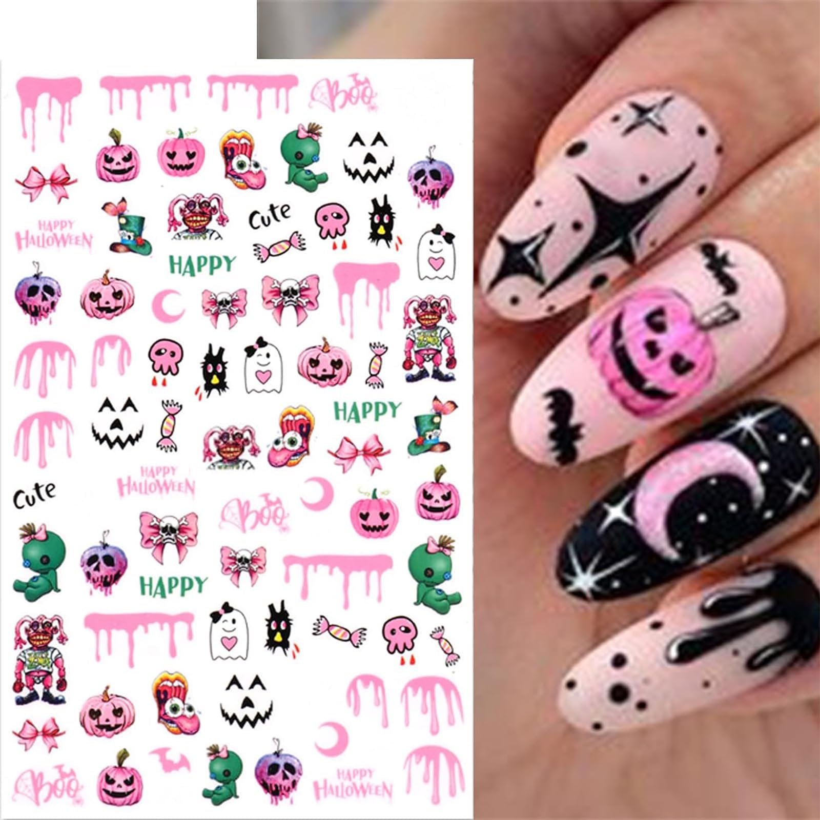 JMEOWIO 9 Sheets Pink Halloween Nail Art Stickers Decals Self-Adhesive Pegatinas Uñas Skull Cute Horror Ghost Witchy Spider Web Bat Pumpkin Nail Supplies Nail Art Design Decoration Accessories