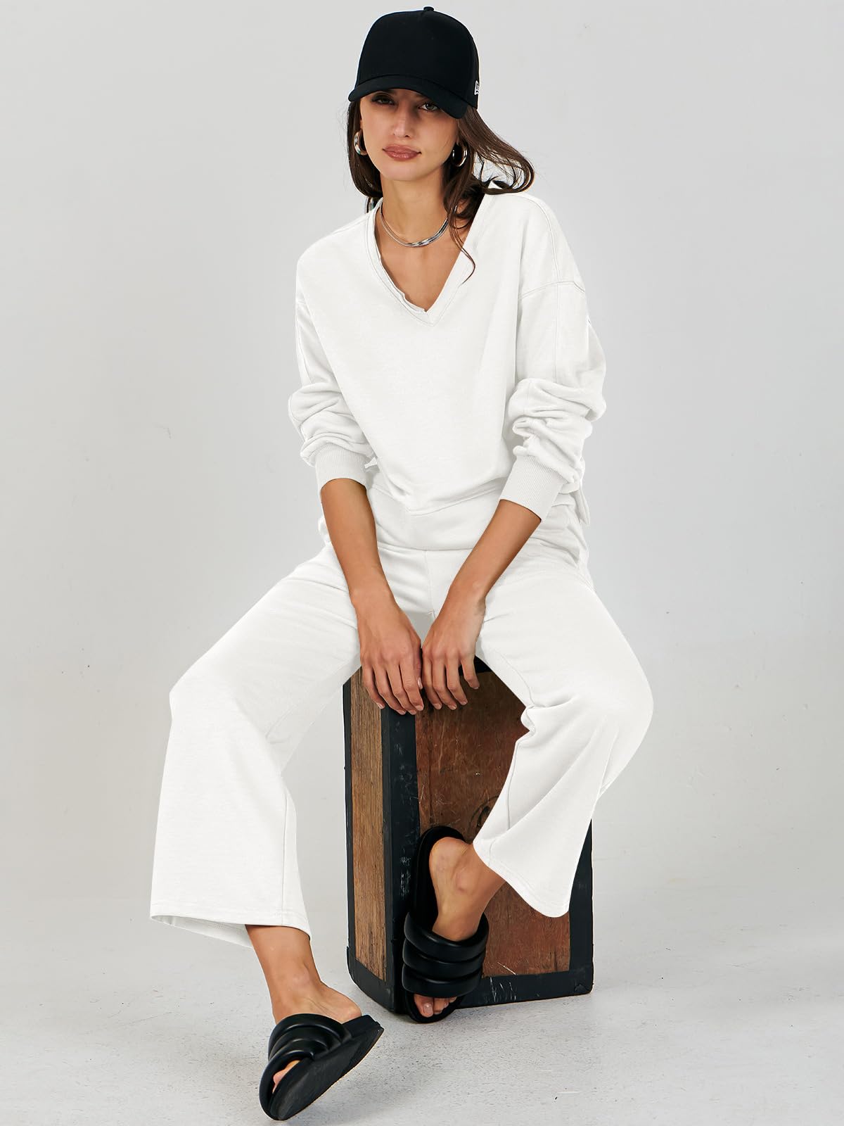 ANRABESS Women’s Two Piece Outfits Matching Sets Long Sleeve V Neck Pullover Top and Wide Leg Pants 2023 Fall Tracksuit Lounge Sets A804baise-S, White