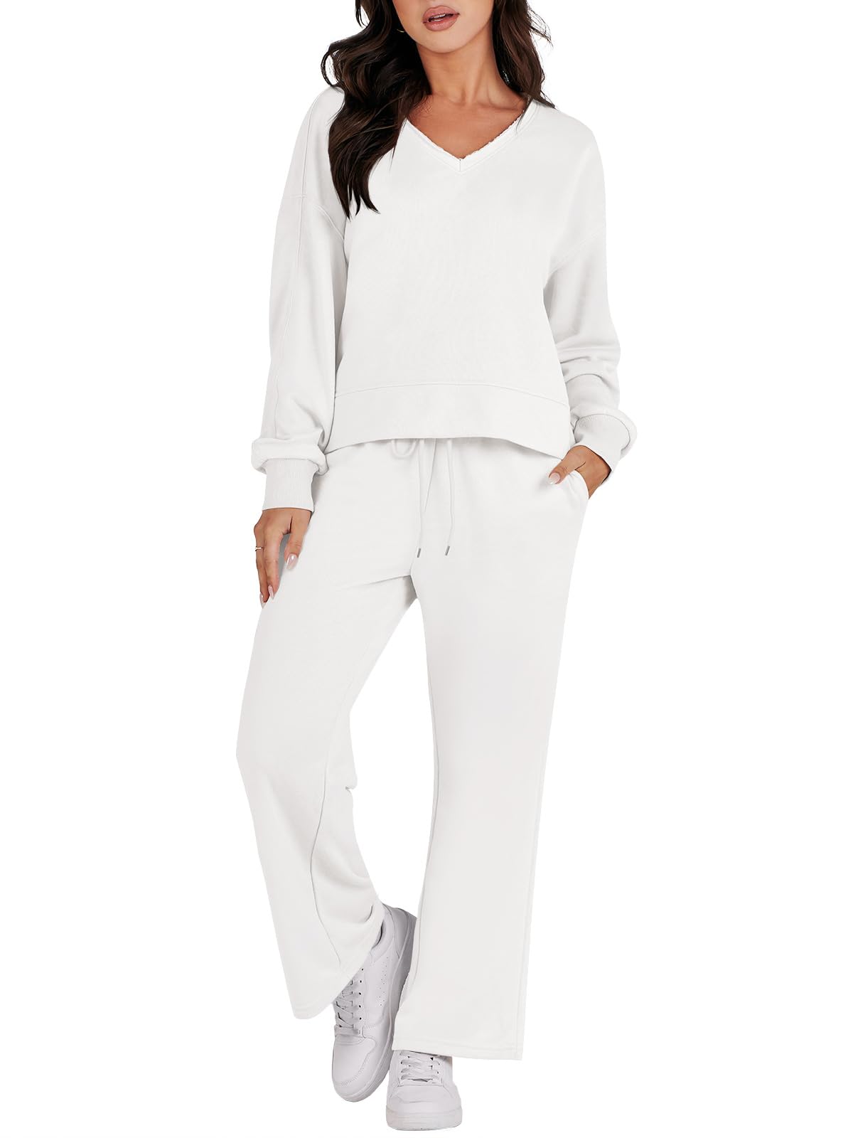 ANRABESS Women’s Two Piece Outfits Matching Sets Long Sleeve V Neck Pullover Top and Wide Leg Pants 2023 Fall Tracksuit Lounge Sets A804baise-S, White