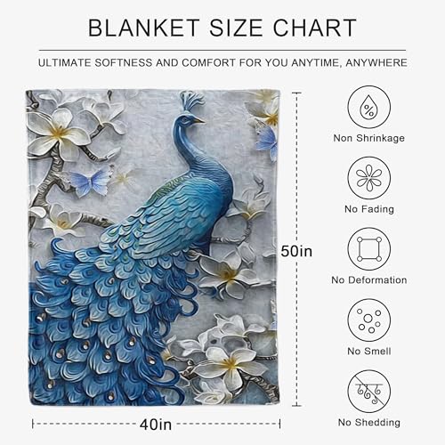 Throw Blanket Blue Peacock Super Soft Warm Large Flannel Blanket Bird Blanket Print Throw Blanket Lightweight Cozy Moving Blankets Fuzzy Blanket for Bed Couch Sofa 40x50inch
