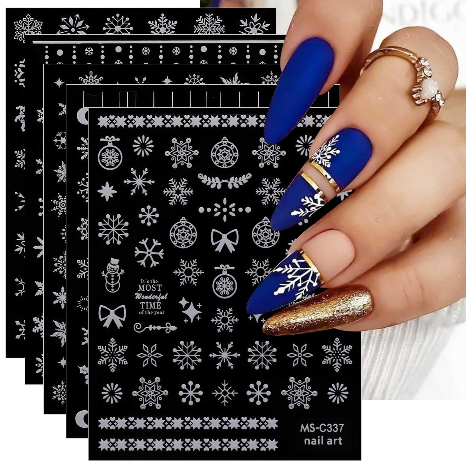 JMEOWIO 9 Sheets Christmas Nail Art Stickers Decals Self-Adhesive Pegatinas UΓ±as Snowflake Xmas Winter Holiday White Nail Supplies Nail Art Design Decoration Accessories
