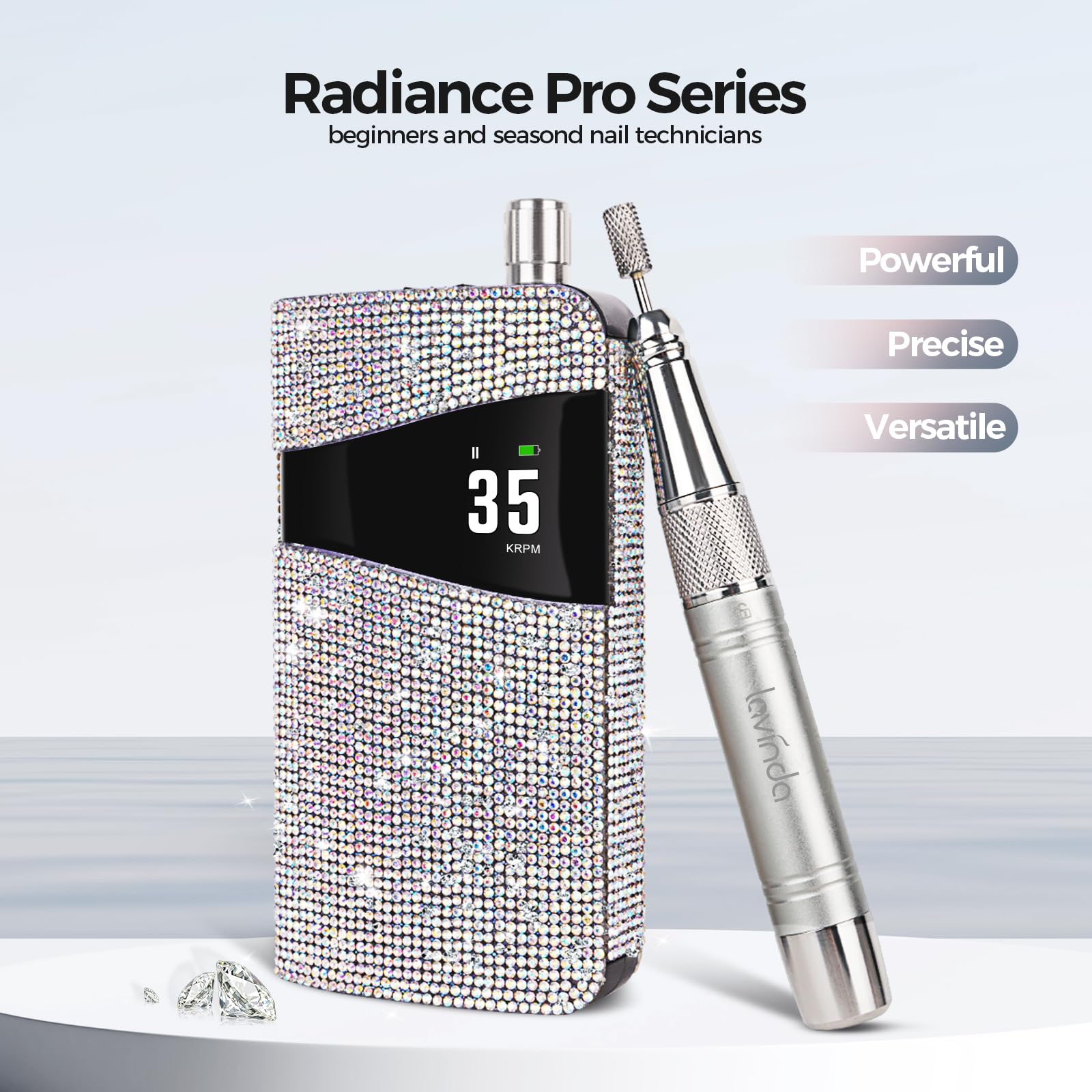 Lavinda Professional Nail Drill 35000RPM, Rechargeable Electric Nail File for Acrylic Nails Remove Gel Polish, Cordless E-File Machine 6 Bits Kit for Manicure Pedicure Salon Use, Crystal Diamond
