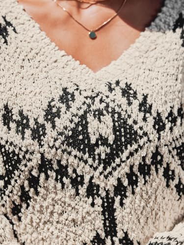 CUPSHE Women's V Neck Chenille Knit Fall Sweaters Pullover with Ribbed Trim Long Sleeves Beige