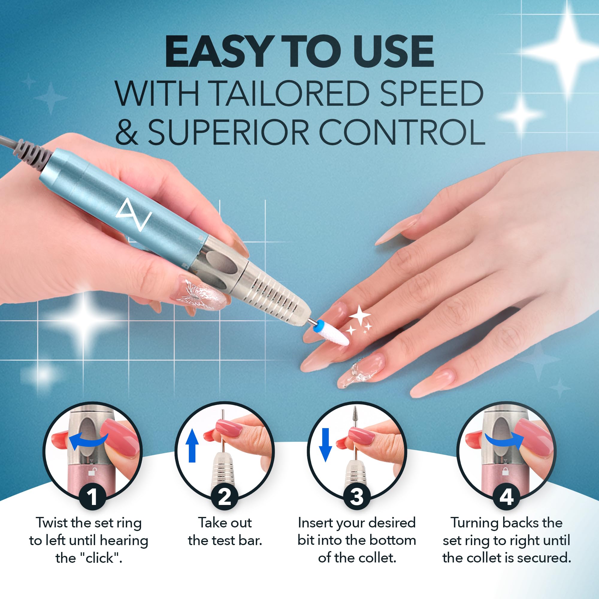 M Max - Professional Nail Drill Machine - 2-in-1 Brushless Motor Nail File - Electric, Cordless, Aluminium Alloy Casing, 35000 RPM, HD Display - Perfect for Salon & Home Use (Mermaid)