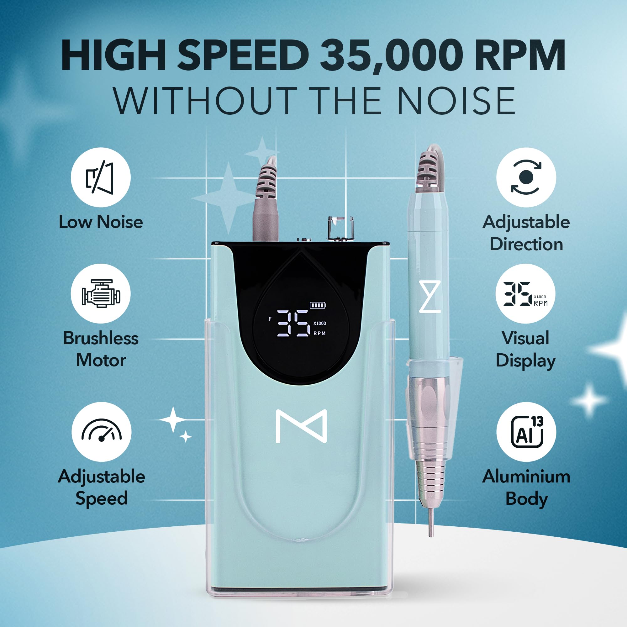 M Max - Professional Nail Drill Machine - 2-in-1 Brushless Motor Nail File - Electric, Cordless, Aluminium Alloy Casing, 35000 RPM, HD Display - Perfect for Salon & Home Use (Mermaid)
