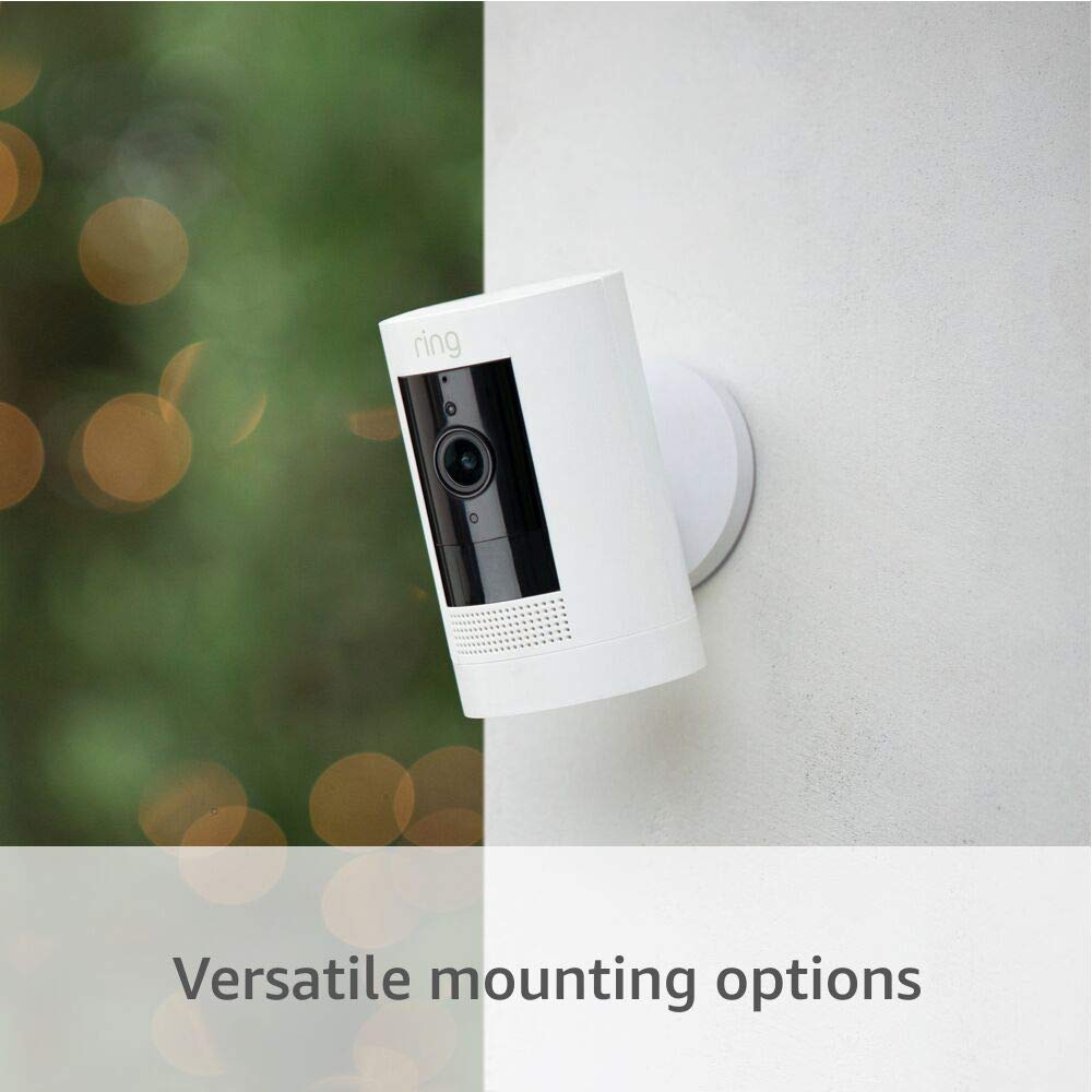 Certified Refurbished Ring Stick Up Cam Battery HD security camera with custom privacy controls, Simple setup, Works with Alexa - White