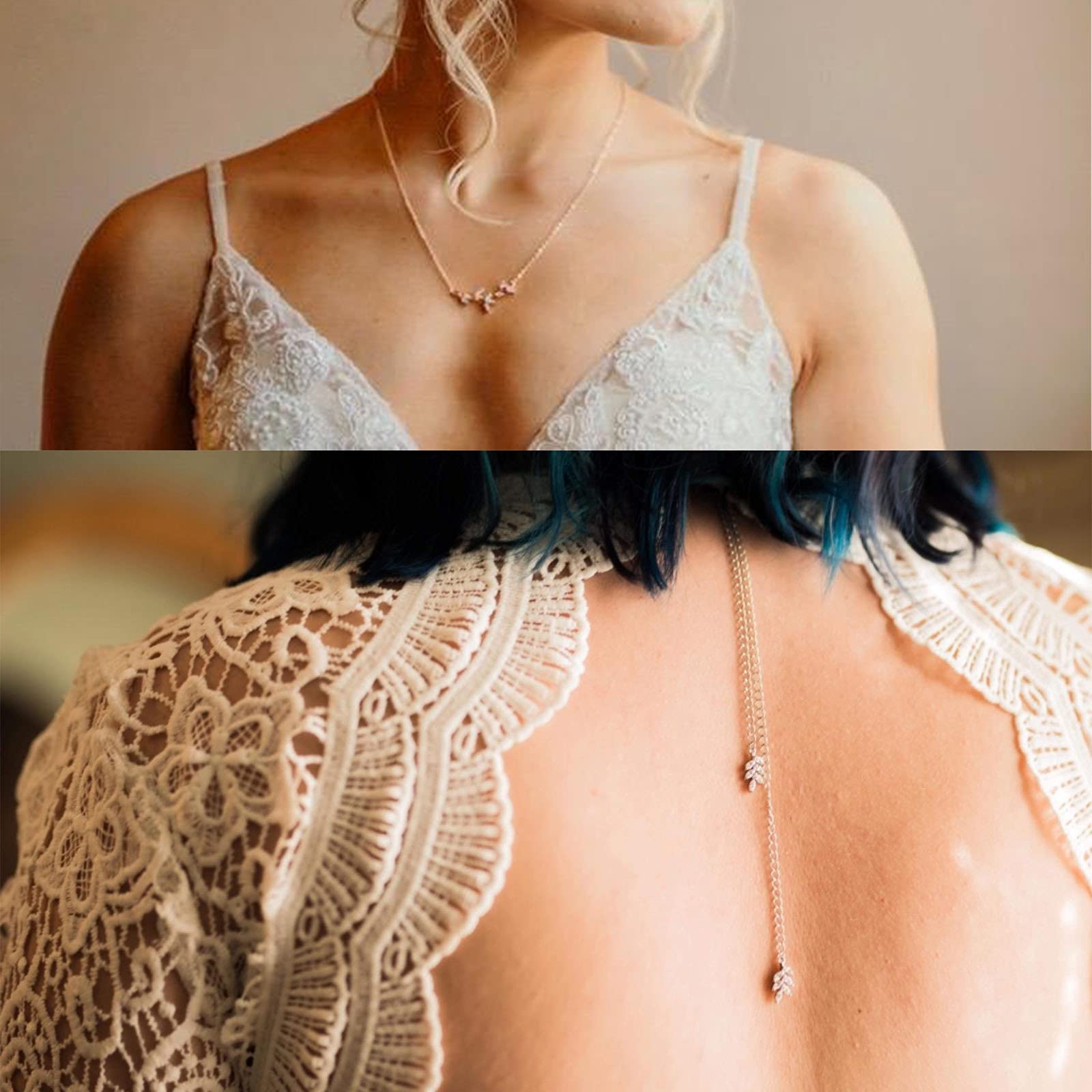 SWEETV Crystal Wedding Bridal Backdrop Necklace for Brides, Cubic Zirconia Dainty Vine Back Pendant Necklace for Women, Bridesmaid Gift