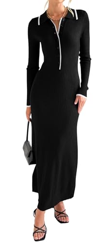 Langwyqu Womens Knit Long Sweater Dress Button V Neck Collared Long Sleeve Ribbed Bodycon Pullover 2024 Fall Maxi Dresses Black
