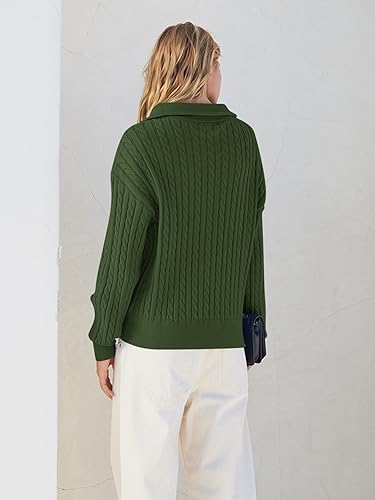 MEROKEETY Women's 2023 Long Sleeve 1/4 Zipper Sweaters V Neck Cable Knit Pullover Tops Army Green Medium