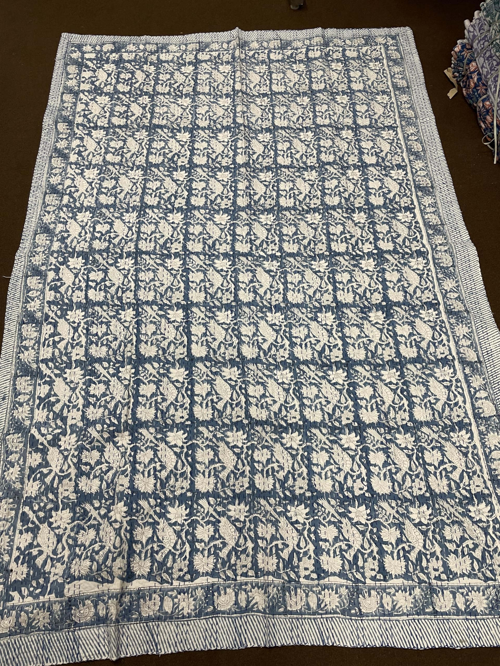 Cotton Bird Block Print Bedding Throw Blanket Bedspread Handmade Home Decorate Gudari Boho Twin Size Kantha Quilt KQ-357