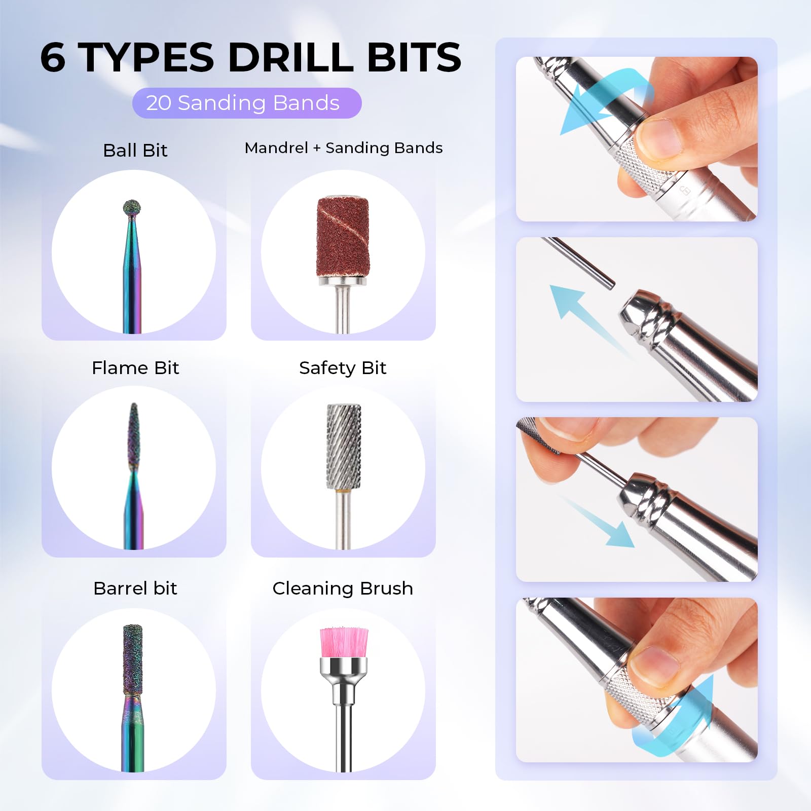 Lavinda Professional Nail Drill 35000RPM, Rechargeable Electric Nail File for Acrylic Nails Remove Gel Polish, Cordless E-File Machine 6 Bits Kit for Manicure Pedicure Salon Use, Crystal Diamond