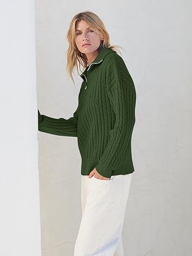 MEROKEETY Women's 2023 Long Sleeve 1/4 Zipper Sweaters V Neck Cable Knit Pullover Tops Army Green Medium