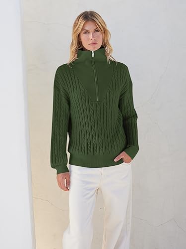 MEROKEETY Women's 2023 Long Sleeve 1/4 Zipper Sweaters V Neck Cable Knit Pullover Tops Army Green Medium