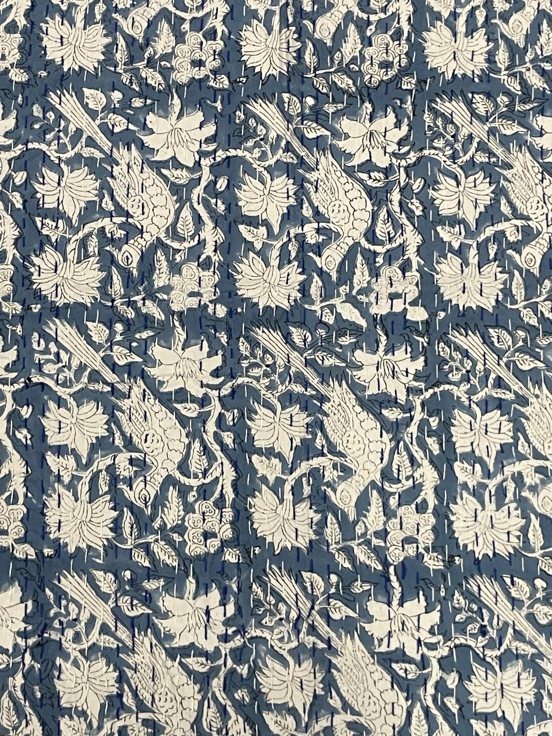 Cotton Bird Block Print Bedding Throw Blanket Bedspread Handmade Home Decorate Gudari Boho Twin Size Kantha Quilt KQ-357
