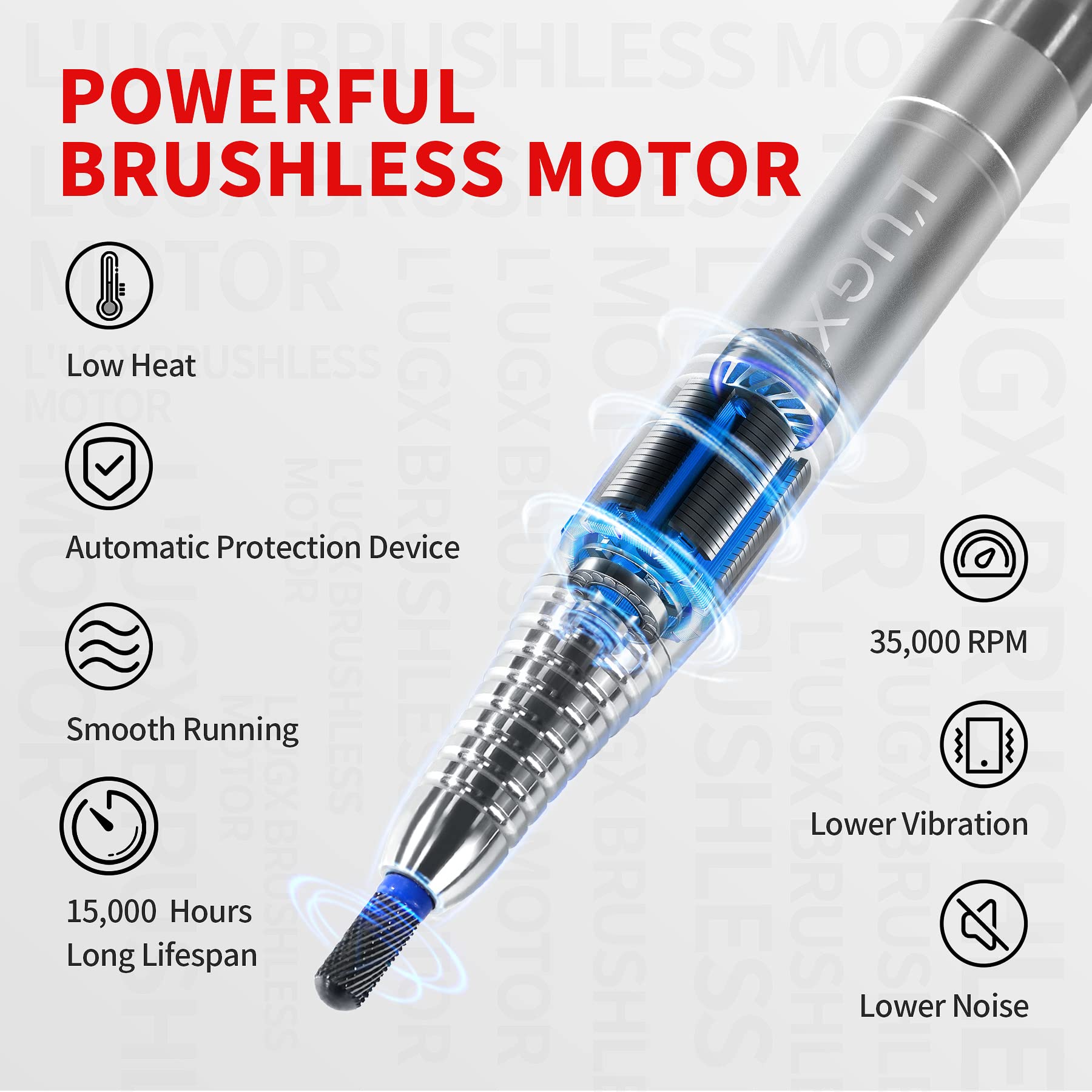 L'UGX Nail Drill 35000RPM Professional Brushless Electric Nail Drill Machine, Rechargeable Cordless Nail Efile for Acrylic Gel Nails, 8Pcs Nail Drill Bits, Low Noise Low Vibration
