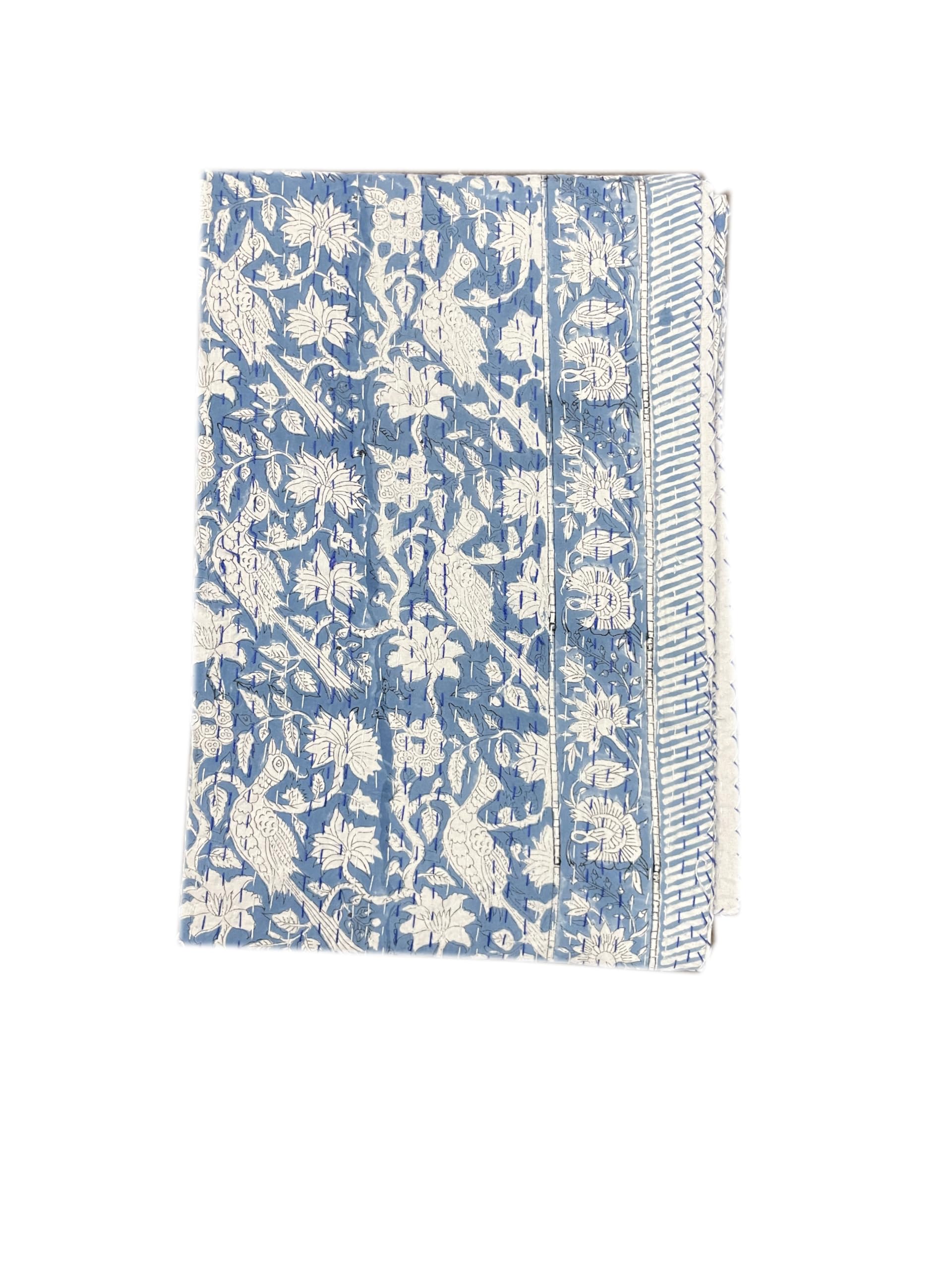 Cotton Bird Block Print Bedding Throw Blanket Bedspread Handmade Home Decorate Gudari Boho Twin Size Kantha Quilt KQ-357