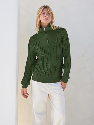 MEROKEETY Women's 2023 Long Sleeve 1/4 Zipper Sweaters V Neck Cable Knit Pullover Tops Army Green Medium