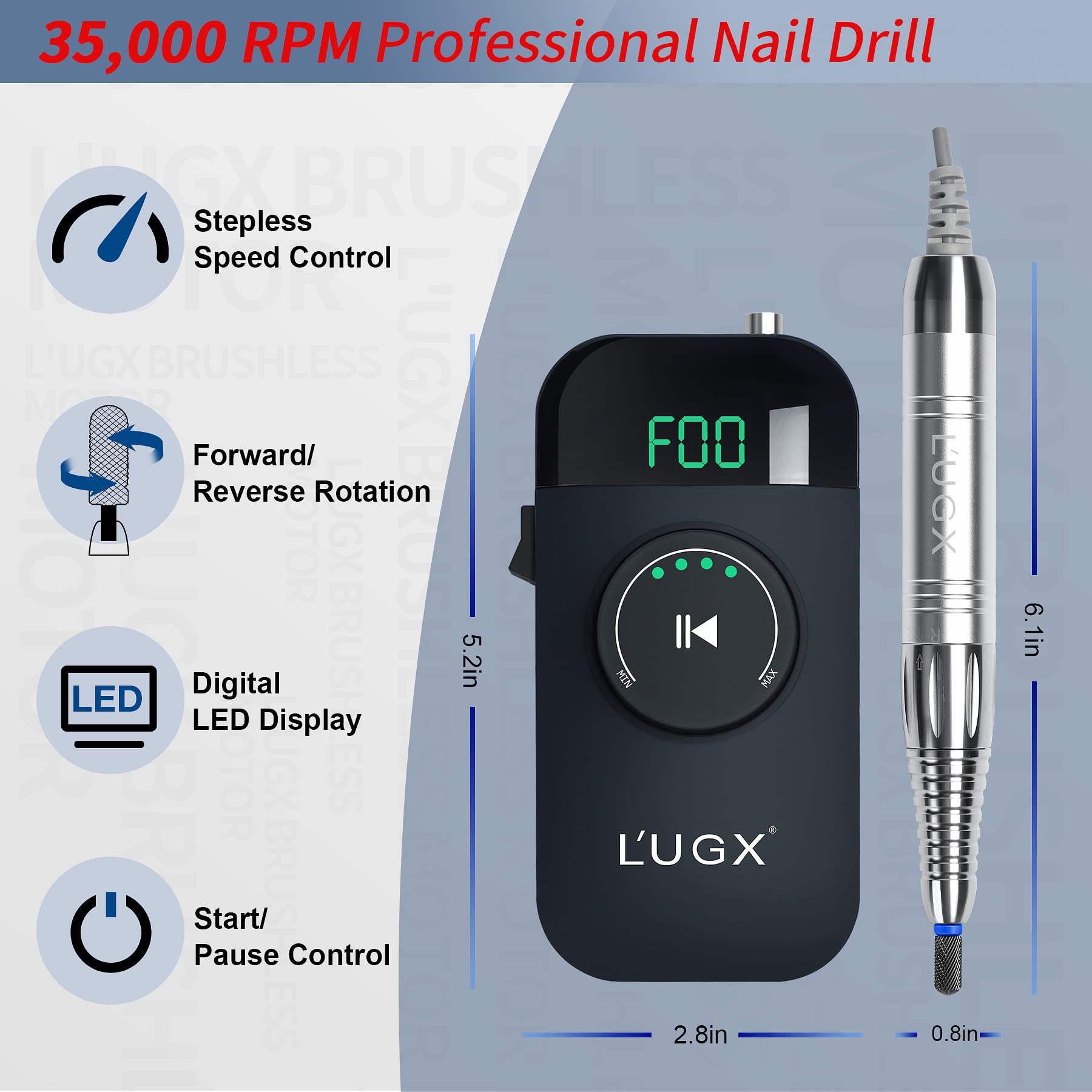 L'UGX Nail Drill 35000RPM Professional Brushless Electric Nail Drill Machine, Rechargeable Cordless Nail Efile for Acrylic Gel Nails, 8Pcs Nail Drill Bits, Low Noise Low Vibration