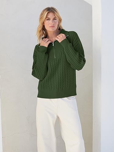 MEROKEETY Women's 2023 Long Sleeve 1/4 Zipper Sweaters V Neck Cable Knit Pullover Tops Army Green Medium