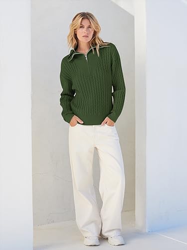 MEROKEETY Women's 2023 Long Sleeve 1/4 Zipper Sweaters V Neck Cable Knit Pullover Tops Army Green Medium