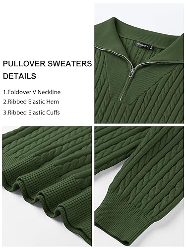 MEROKEETY Women's 2023 Long Sleeve 1/4 Zipper Sweaters V Neck Cable Knit Pullover Tops Army Green Medium