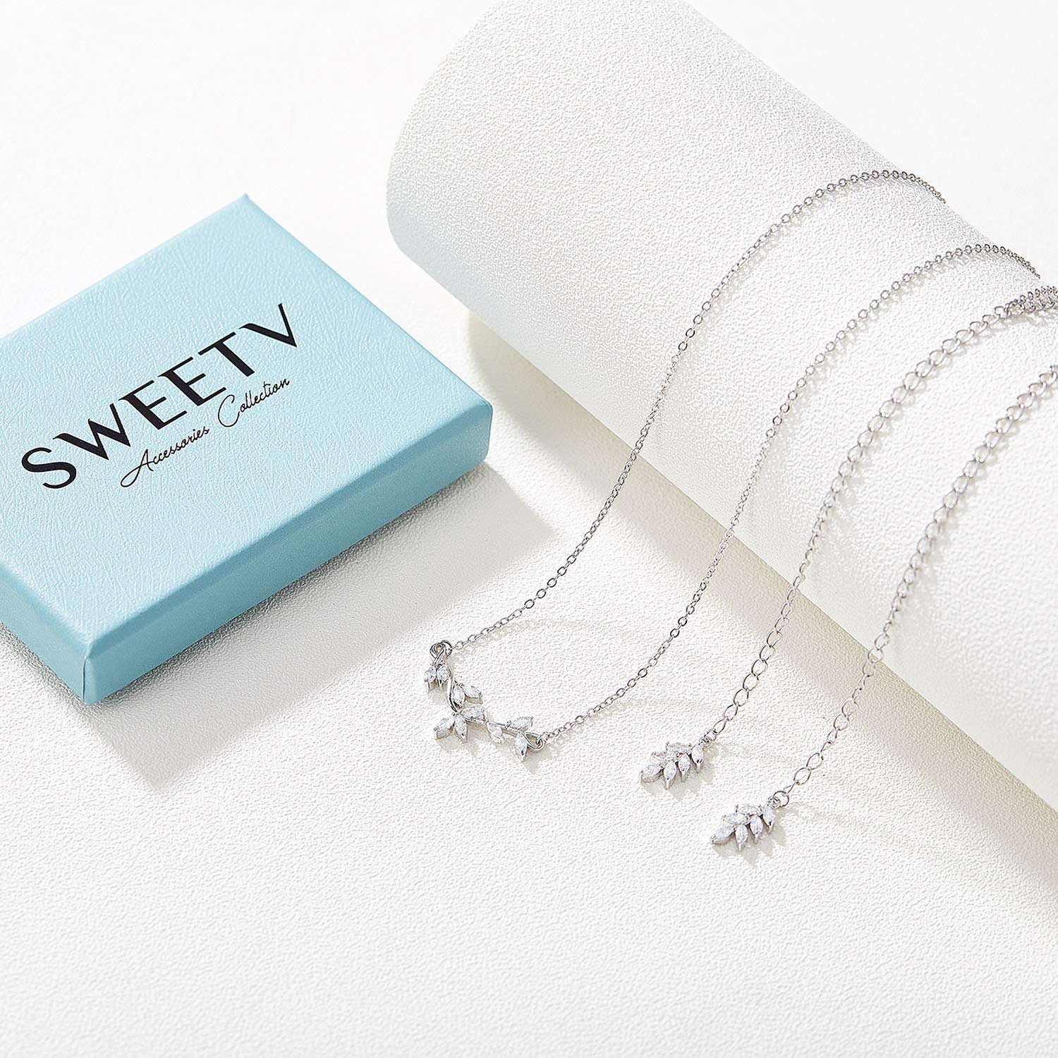 SWEETV Crystal Wedding Bridal Backdrop Necklace for Brides, Cubic Zirconia Dainty Vine Back Pendant Necklace for Women, Bridesmaid Gift